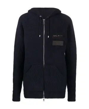 Balmain Logo Patch Drawstring Hoodie - Black