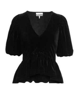GANNI Velvet Peplum Top With Deep Neckline