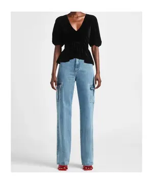 GANNI Velvet Peplum Top With Deep Neckline
