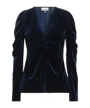GANNI Chenille V-neck Long Sleeve Top With Puff Sleeves - Black