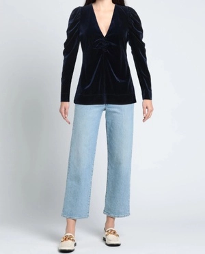 GANNI Chenille V-neck Long Sleeve Top With Puff Sleeves