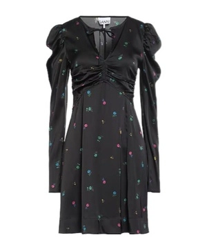 GANNI Floral-print Satin Mini Dress With Gathered Details - Black