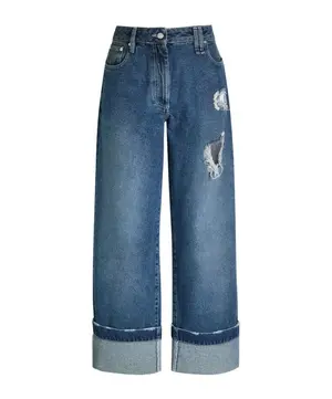 Simone Rocha Distressed Embellished Straight-leg Jeans - Blue