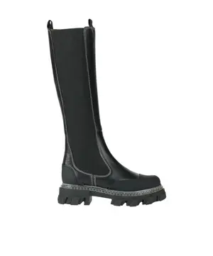 GANNI Solid Color Leather Platform Boots - Black