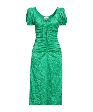 GANNI Short Sleeved Gathered Midi Dress - Green