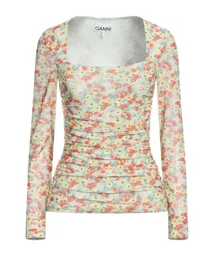 GANNI Floral Print Gathered Tulle Top