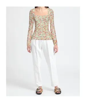 GANNI Floral Print Gathered Tulle Top