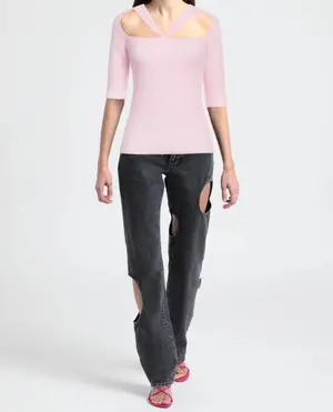 GANNI V-neck Short Sleeve Knit Top
