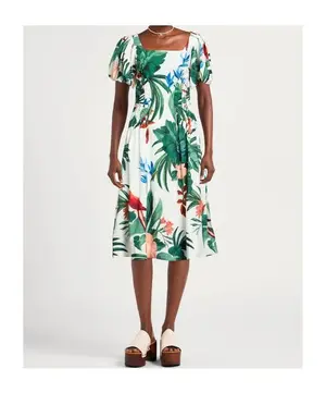 Farm Rio Short-sleeved Dress With Square Neckline And Tropical Print