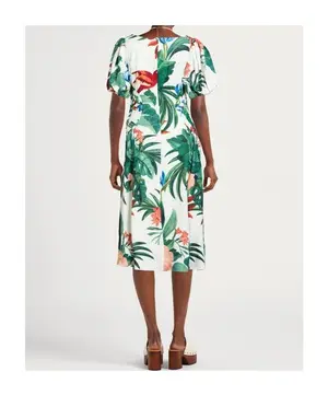 Farm Rio Short-sleeved Dress With Square Neckline And Tropical Print