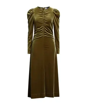 GANNI Velvet Ruched V-neck Long Sleeve Maxi Dress - Brown