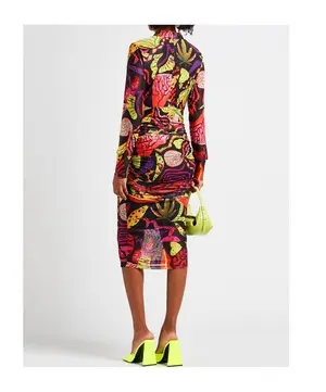 Farm Rio Long-sleeved High Neck Ruched Dress With Multi-colored Pattern