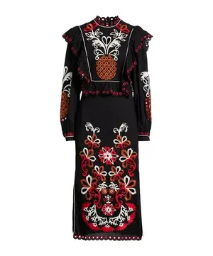 Farm Rio Long-sleeved Embroidered Midi Dress