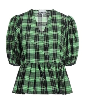 GANNI Peplum Top With Tartan Pattern And Puff Sleeves - Green