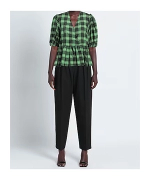 GANNI Peplum Top With Tartan Pattern And Puff Sleeves
