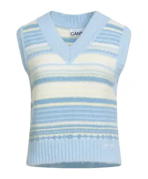 GANNI Sleeveless V-neck Striped Knit Jumper - Blue