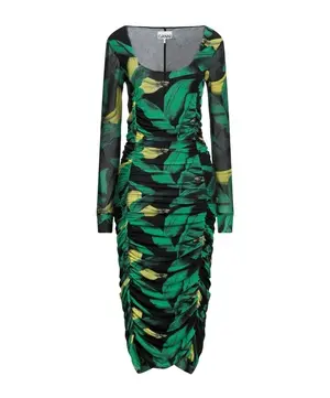 GANNI Long Sleeve Ruched Tropical Print Dress - Green