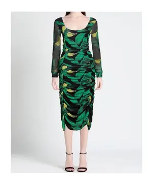 GANNI Long Sleeve Ruched Tropical Print Dress - Green