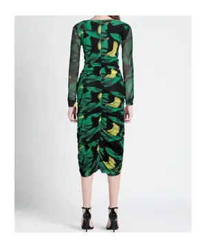 GANNI Long Sleeve Ruched Tropical Print Dress - Green
