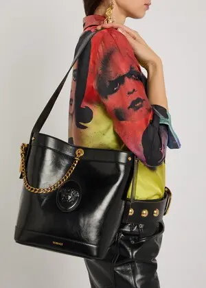 Versace Chain Small Leather Bucket Bag