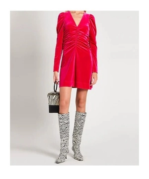GANNI Velvet Gathered V-neck Long Sleeve Dress
