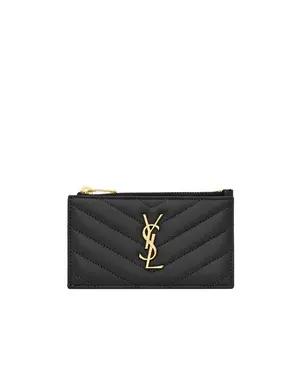 Saint Laurent Cassandre Matelassé Fragments Zipped Card Case In Lambskin - Black