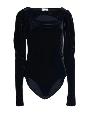 GANNI Long Sleeve Velvet Bodysuit With Bow Detail
