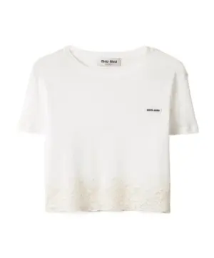 MIU MIU Miu Miu Ribbed Jersey And Lace Trimmed T-Shirt