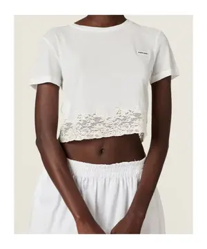 Miu Miu Ribbed Jersey And Lace Trimmed T-shirt - White
