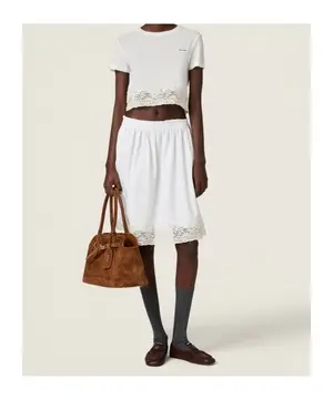 Miu Miu Ribbed Jersey And Lace Trimmed T-shirt - White