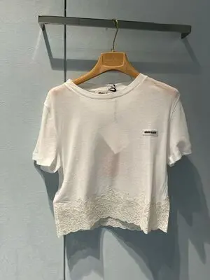 Miu Miu Ribbed Jersey And Lace Trimmed T-shirt - White