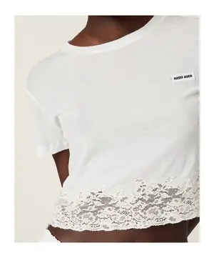 Miu Miu Ribbed Jersey And Lace Trimmed T-shirt - White