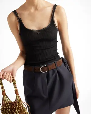 Prada Ribbed Cotton Tank Top With Lace Trim