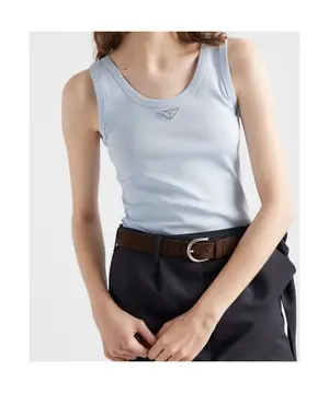 Prada Ribbed Knit Crew Neck Sleeveless Top - Sky-blue