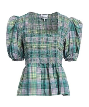 GANNI Woven Gathered Tartan Pattern Square Neckline Blouse