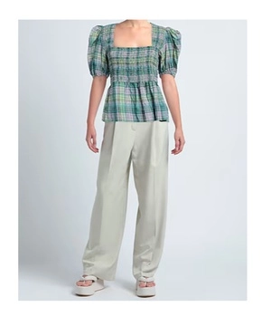 GANNI Woven Gathered Tartan Pattern Square Neckline Blouse