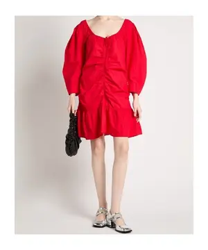 GANNI Pleated Dress With Flared Skirt And Deep V Neckline