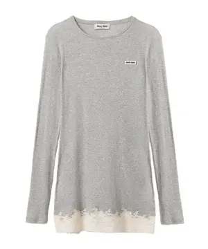 Miu Miu Ribbed Jersey And Lace Dress - Grey