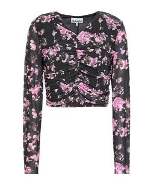 GANNI Floral Print Tulle Gathered V-neck Cropped Top