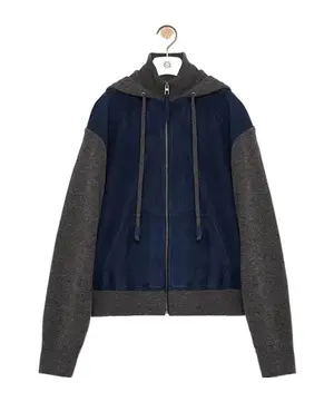 Loewe Hybrid Zip-up Hoodie In Suede Goatskin And Wool Blend - Navy Blue