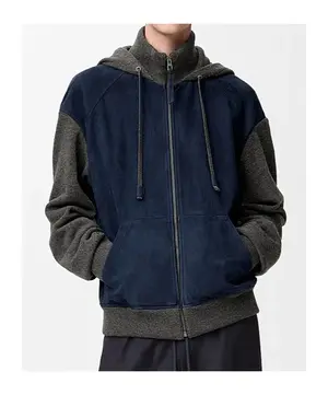 Loewe Hybrid Zip-up Hoodie In Suede Goatskin And Wool Blend - Navy Blue