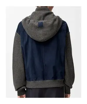 Loewe Hybrid Zip-up Hoodie In Suede Goatskin And Wool Blend - Navy Blue