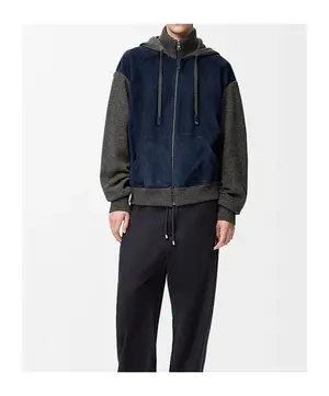 Loewe Hybrid Zip-up Hoodie In Suede Goatskin And Wool Blend - Navy Blue