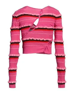 Jacquemus Striped V-neck Long Sleeve Sweater With Ruffle Detail - Fuchsia
