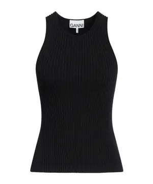GANNI Ribbed Knit Sleeveless Crewneck Top - Black