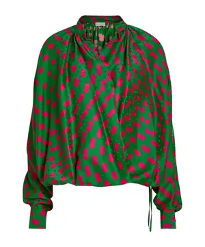 Dries Van Noten Polka Dot Satin Wrap Blouse - Green