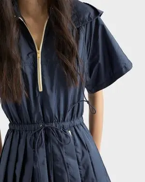 Prada Light Re-nylon Midi Dress With Hood And Pleated Skirt
