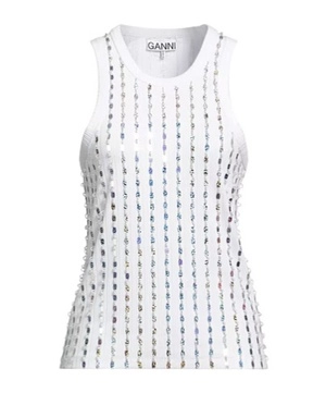 GANNI Sleeveless Crewneck Knit Top With Appliqués And Beads - White