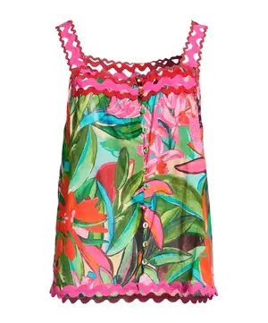 Farm Rio Sleeveless Top With Floral Print And Wavy Trim