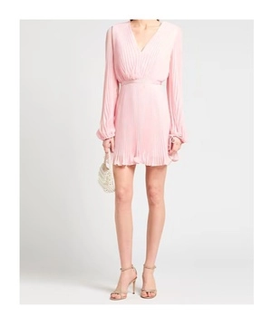 Max Mara Pleated Deep V-neck Long Sleeve Dress